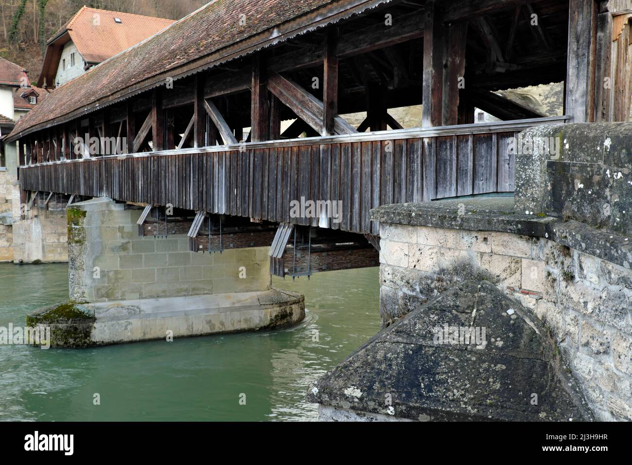 Switzerland, canton of Fribourg, Fribourg, Bern bridge dated 13th ...
