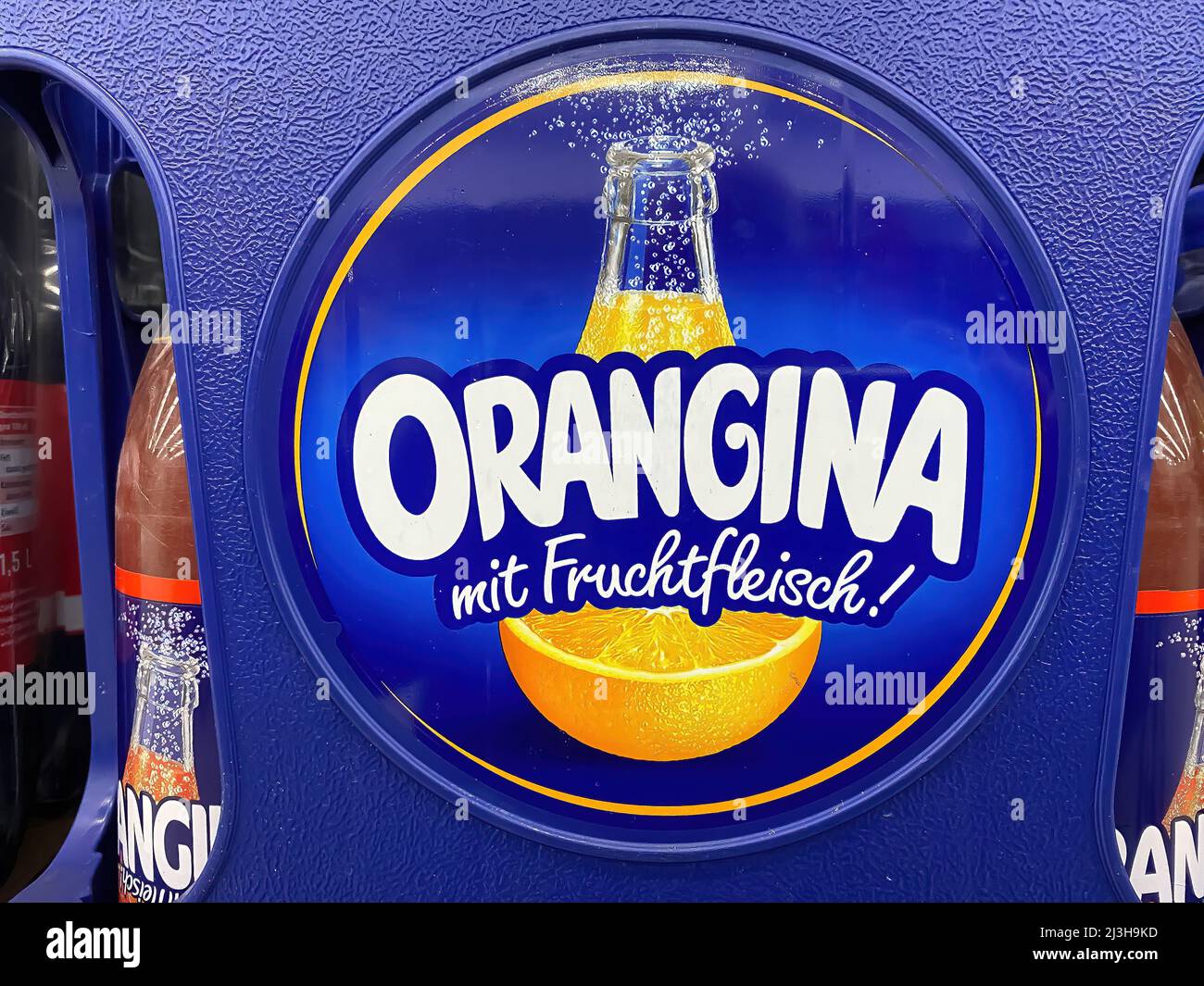 Viersen, Germany - April 5. 2022: Closeup of blue crate box with logo ...