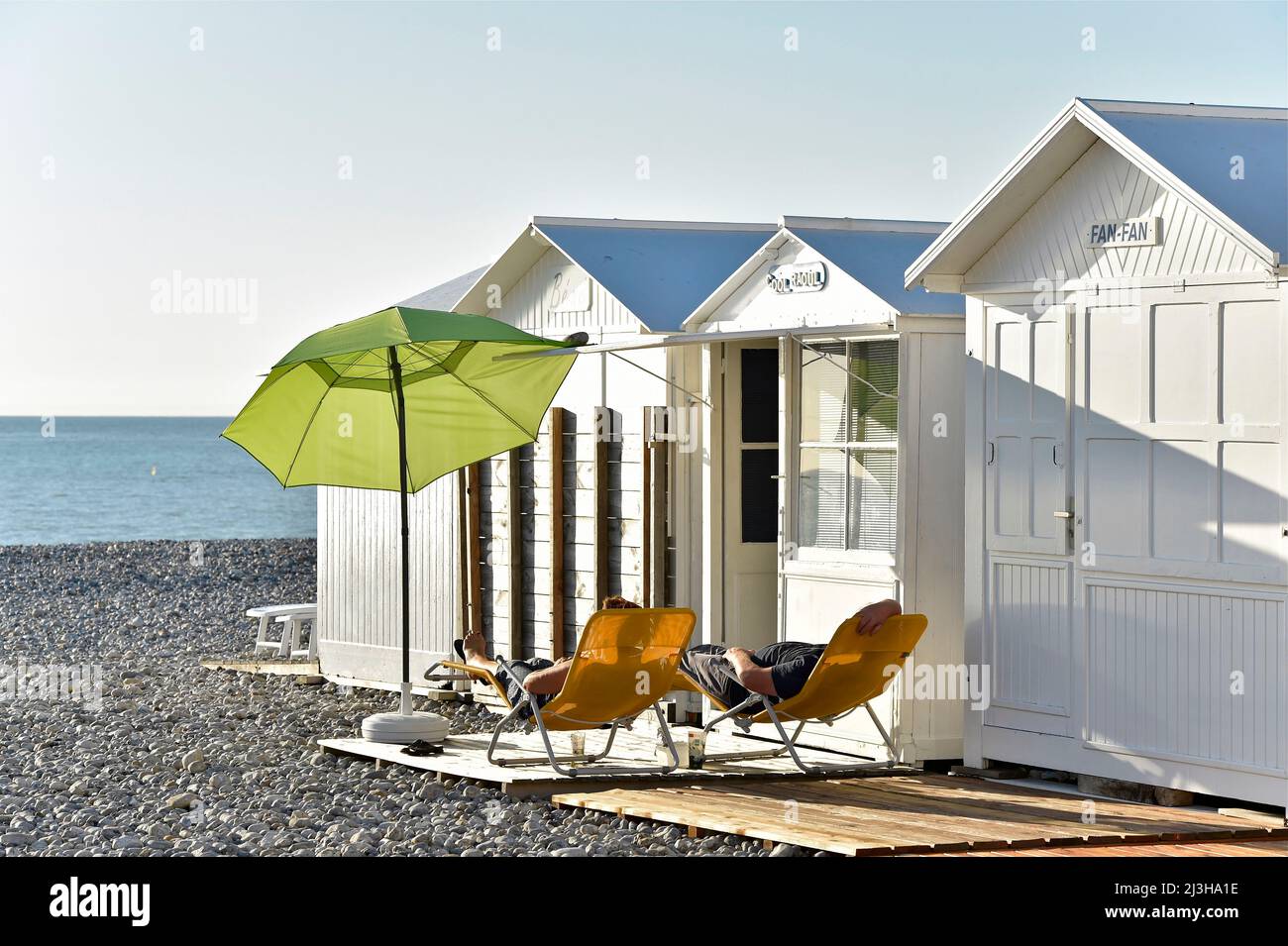 France, Seine-Maritime, beach cabins at Le Treport on the Alabaster ...