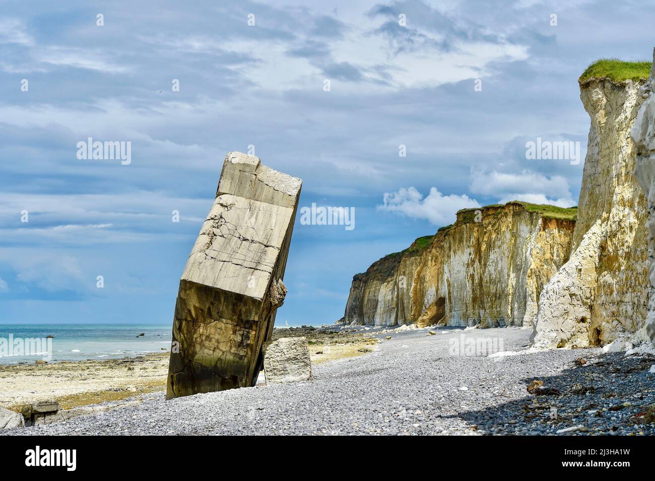 France, Seine-Maritime, blockhouse fallen from the cliff in Sainte ...