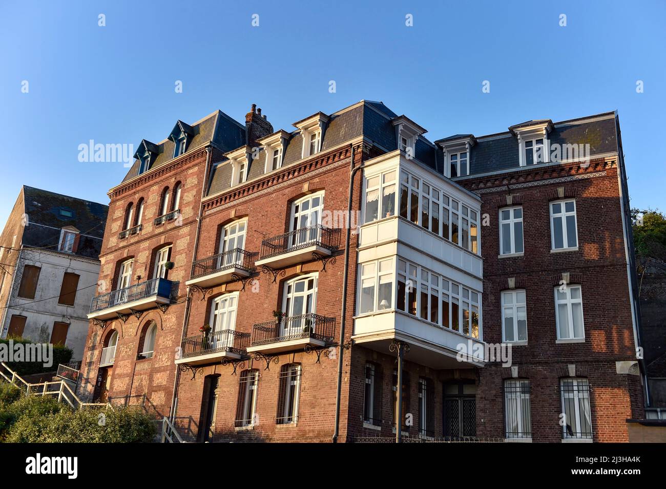 France, Seine-Maritime, old brick house in Le Tréport at daybreak Stock ...