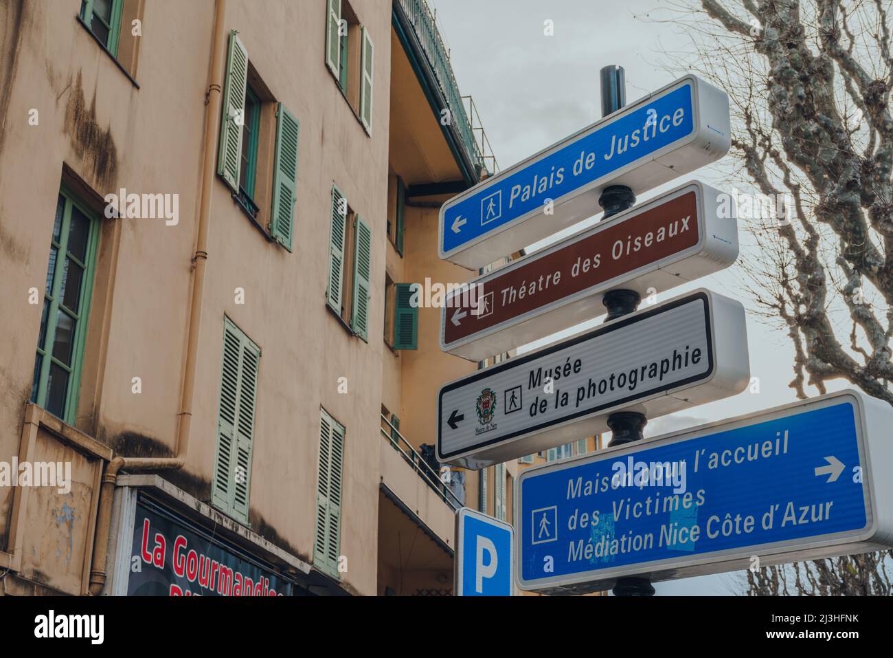 Nice, France - March 10, 2022: Directional signs to the points of ...