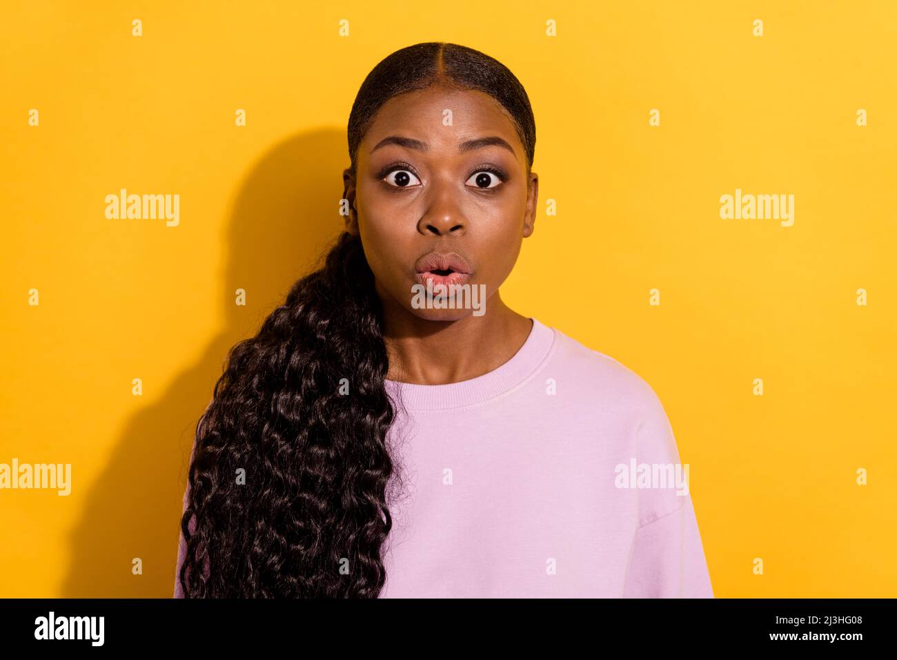Photo of confused young girl stare speechless stupor cant believe ...