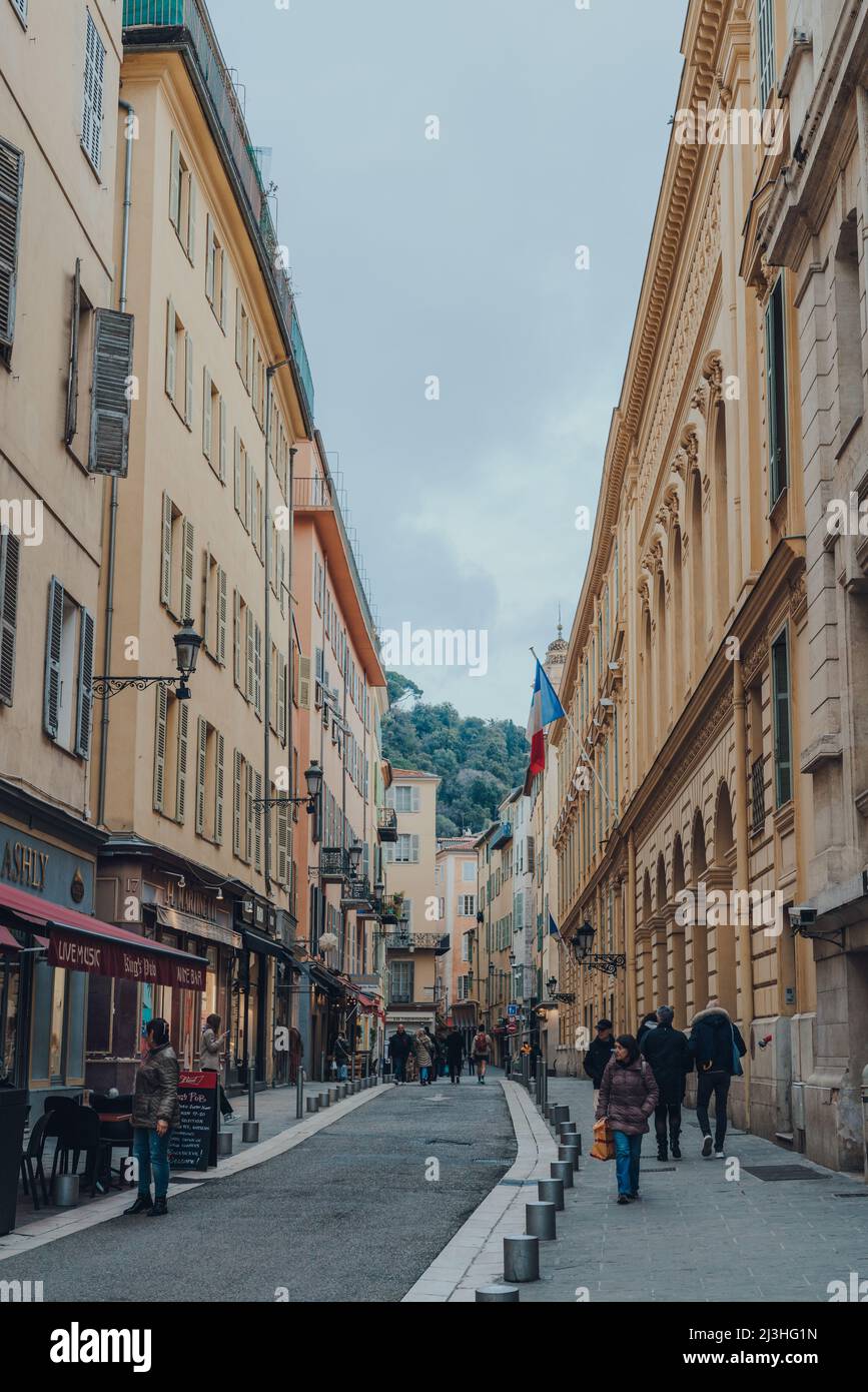 Nice, France - March 10, 2022: View of a street in the Old Town of Nice ...