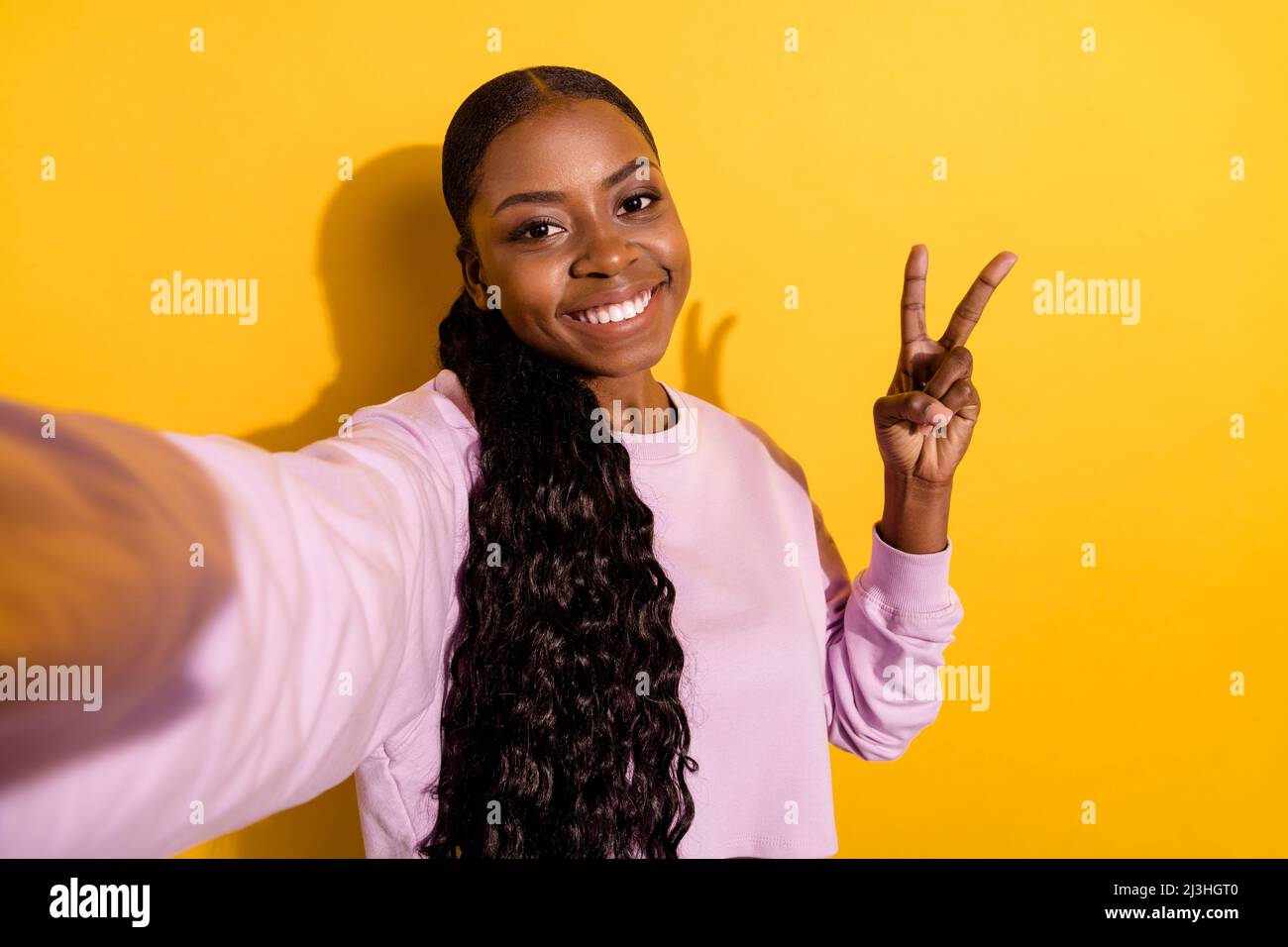 Portrait of positive charming person take selfie hand fingers ...