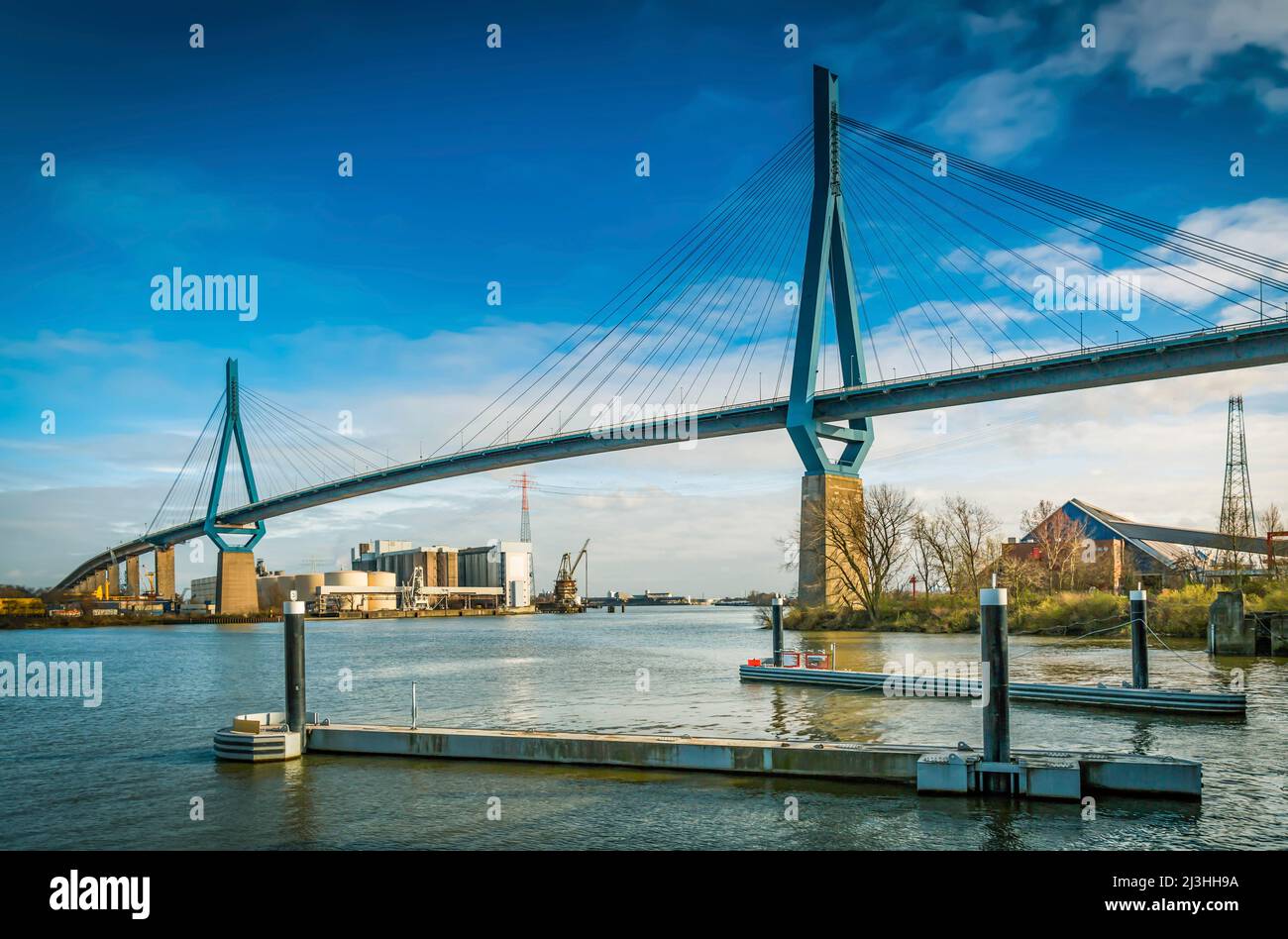 The kohlbrand bridge in hamburg with blue sky hi-res stock photography ...
