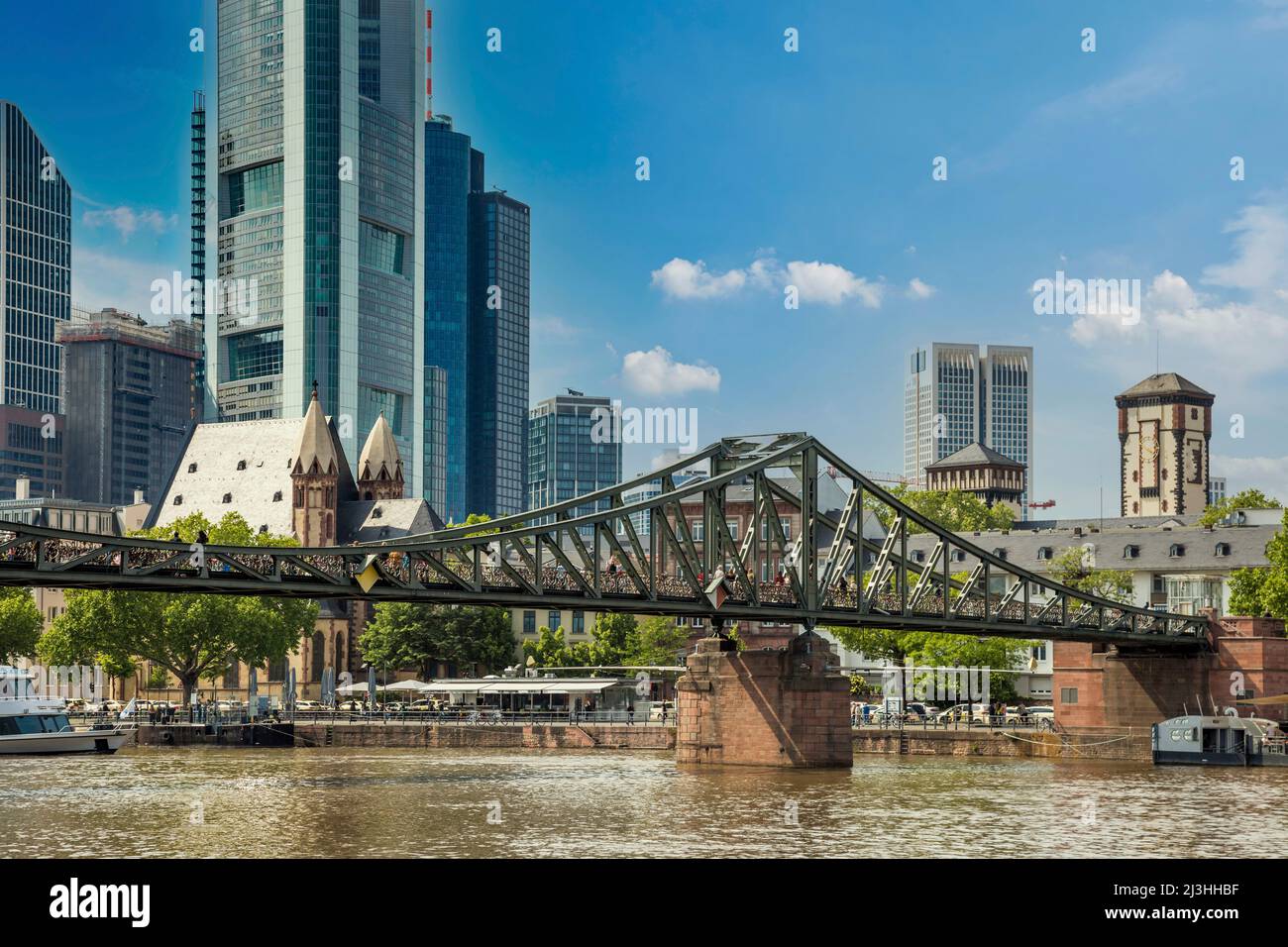 Frankfurt am Main: View of the Iron Bridge and the Main riverbank with ...