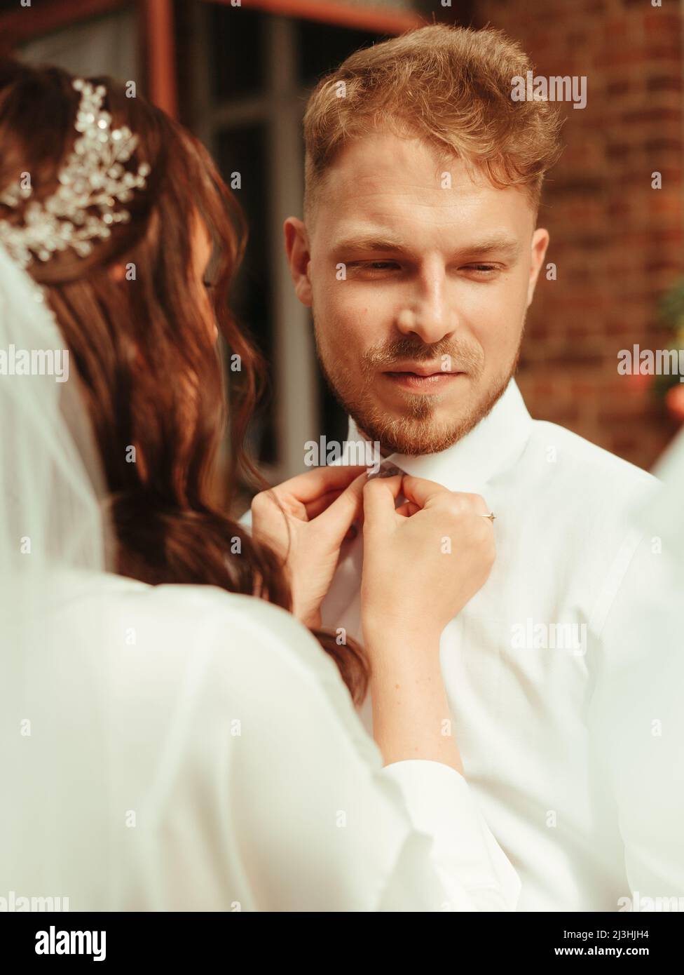 Bride and groom at the garden wearing wedding cloth grain effect Stock ...