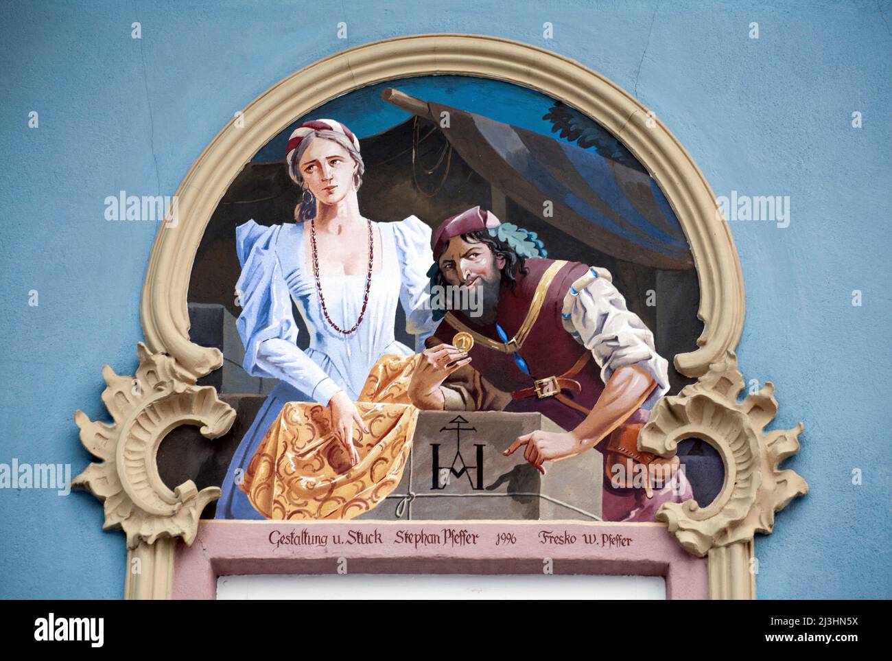 Cloth merchant with cunning look holds a gold coin in his hand, next to ...