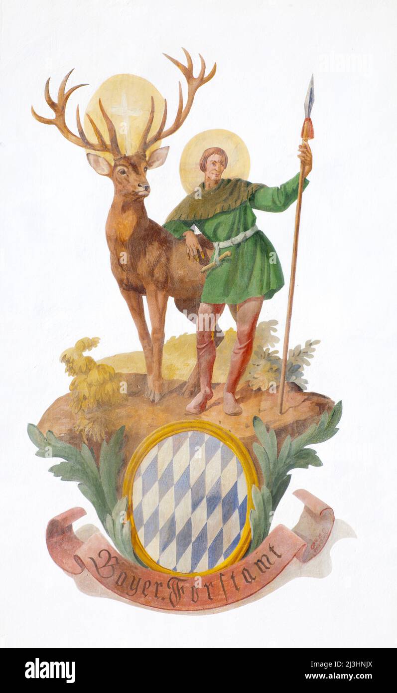 Alpine folk art, Lüftlmalerei in Mittenwald. Saint Hubert is the patron ...