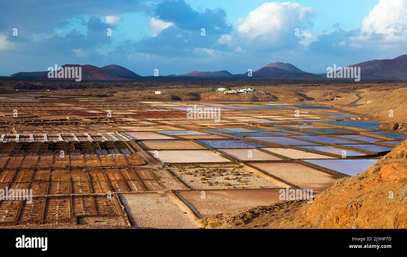 Canary Islands, Lanzarote, volcanic island, salt pans, seen from ...