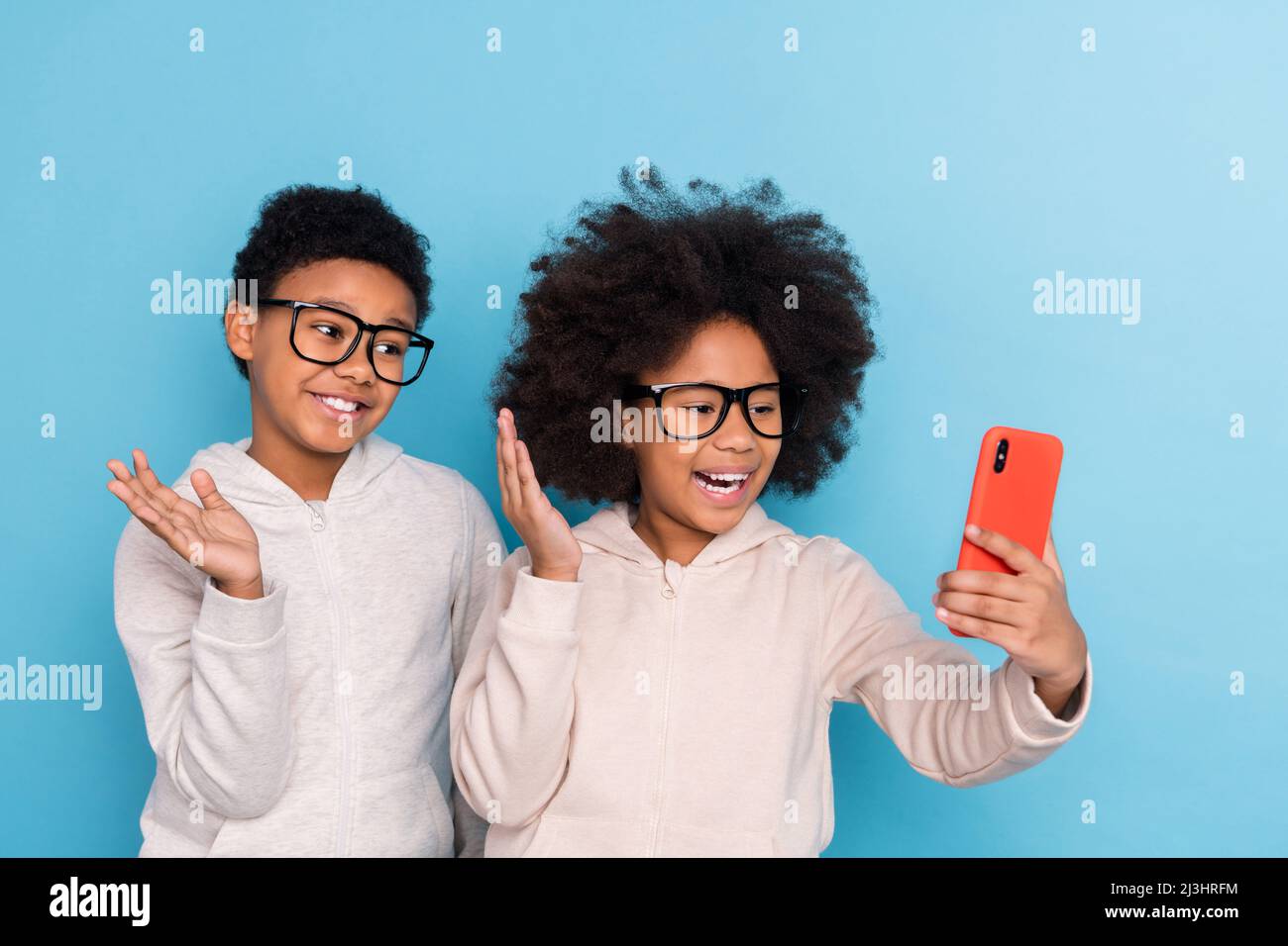 Portrait of small little friends friendship trendy cheery kids taking ...