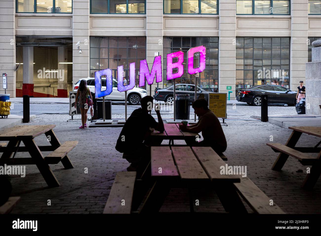 Dumbo, New York City, NY, USA, street restaurant, guests, Dumbo sign ...