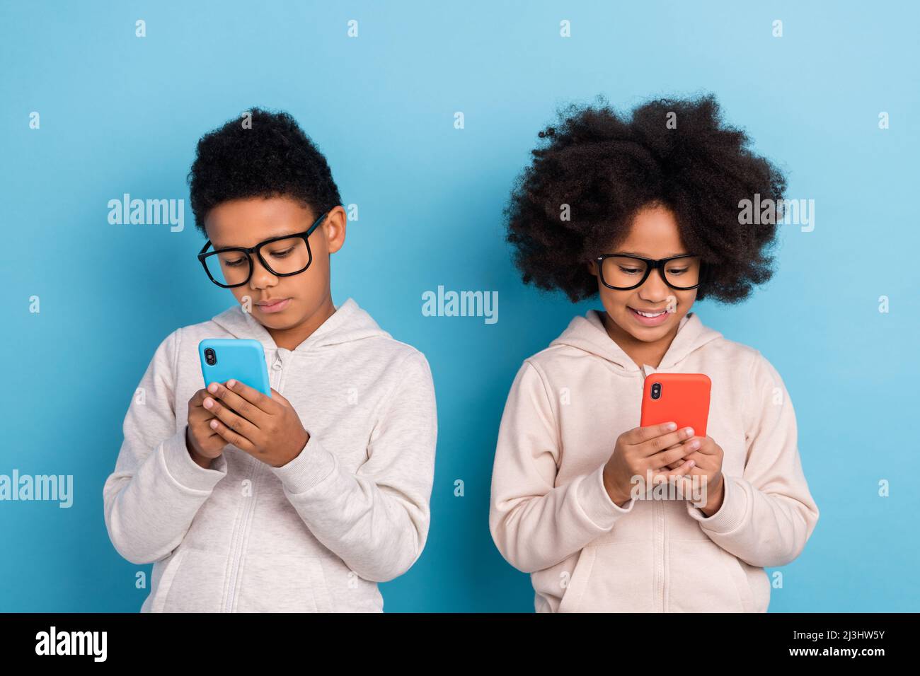 Portrait of small little friends friendship pre-teen schoolkids nerds ...