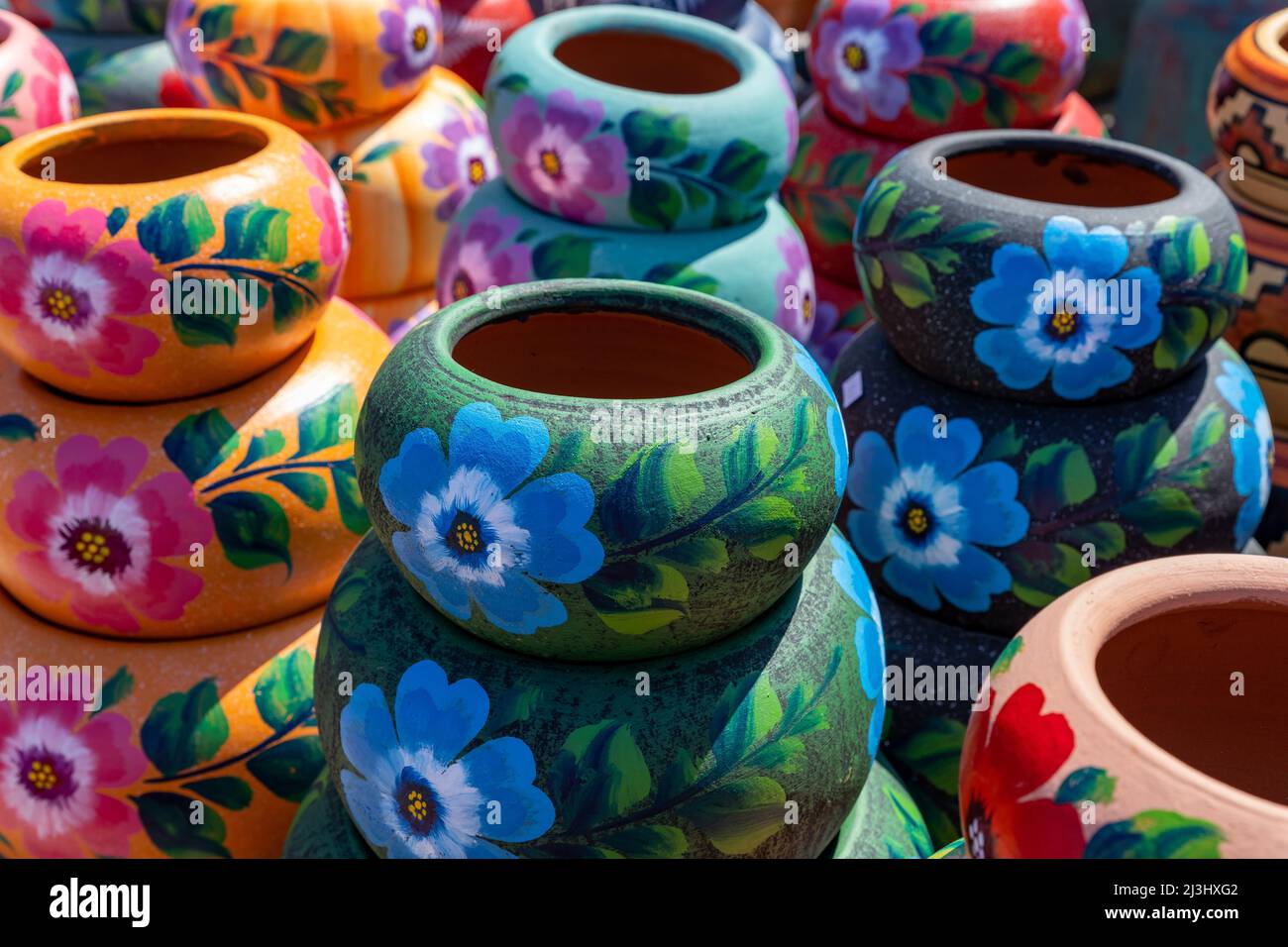 Variety of Colorfully Mexican Painted Ceramic Pots in an Outdoor ...