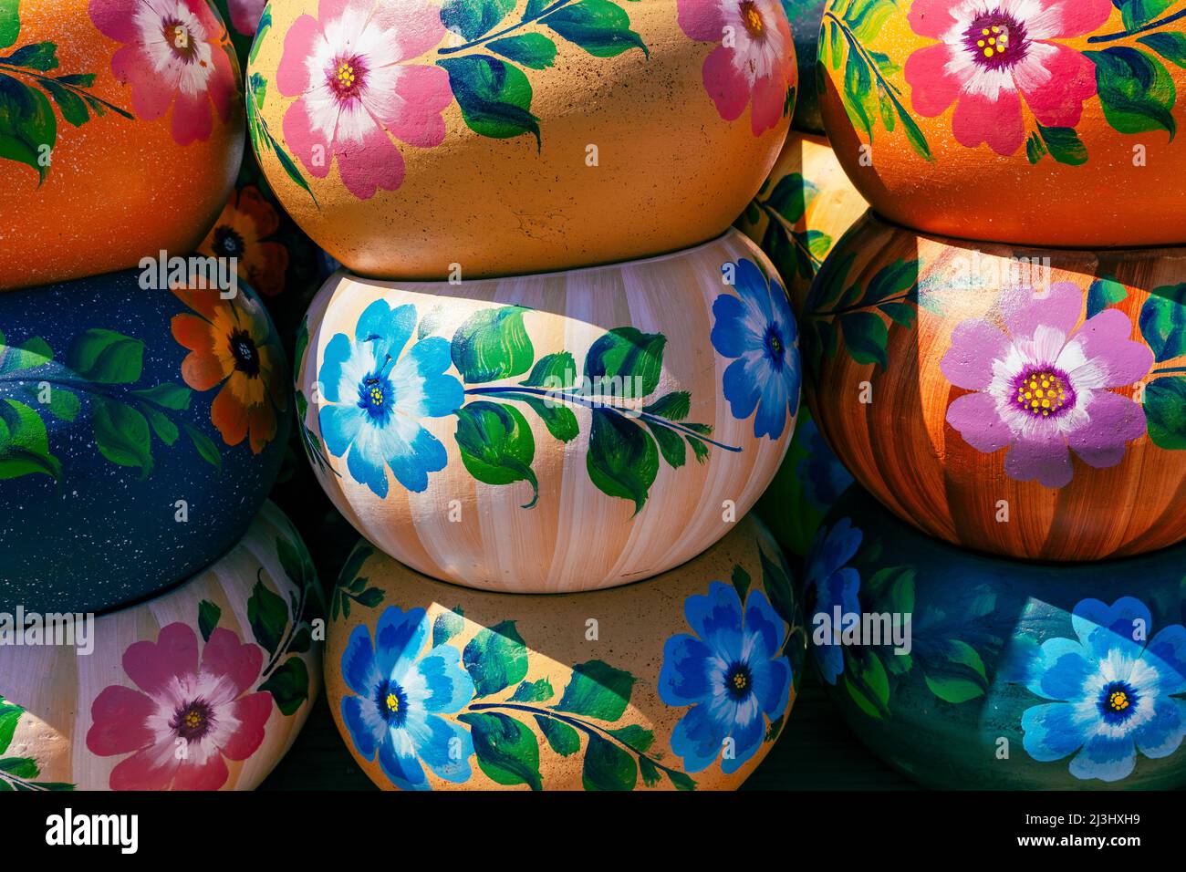 Variety of Colorfully Mexican Painted Ceramic Pots in an Outdoor ...