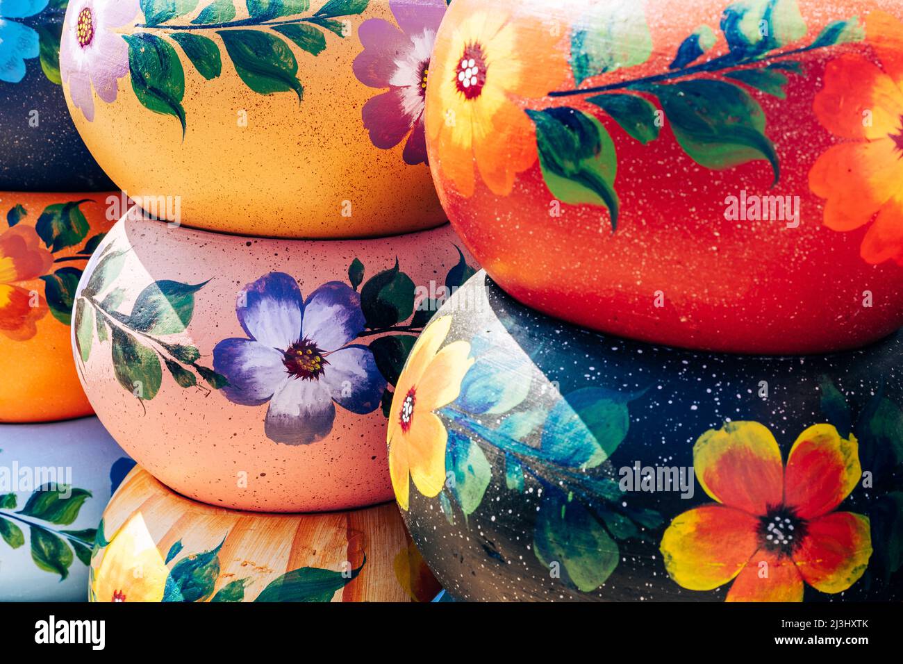 Variety of Colorfully Mexican Painted Ceramic Pots in an Outdoor ...