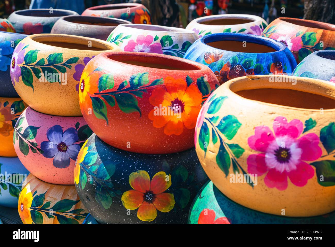Variety of Colorfully Mexican Painted Ceramic Pots in an Outdoor ...