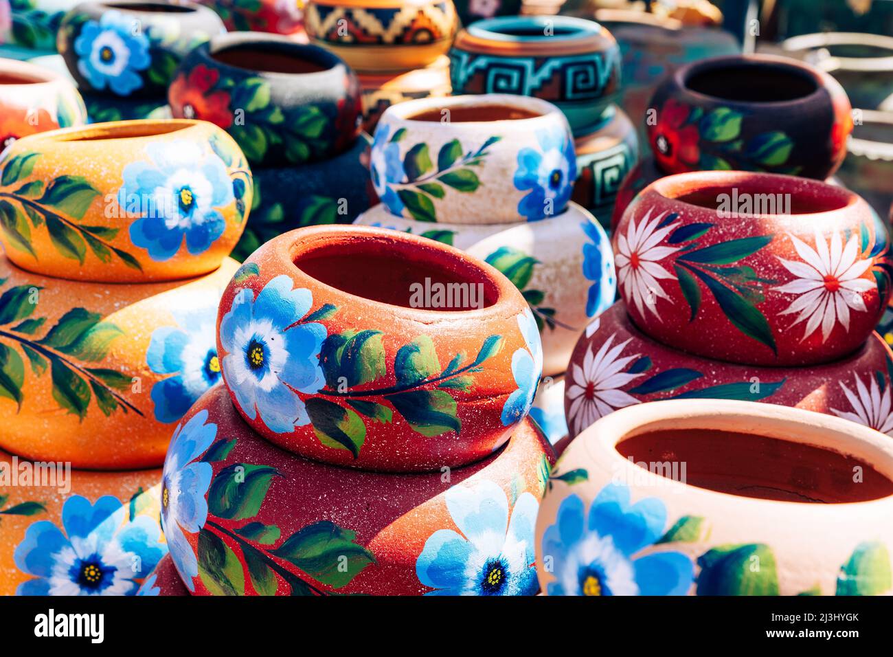 Variety of Colorfully Mexican Painted Ceramic Pots in an Outdoor ...