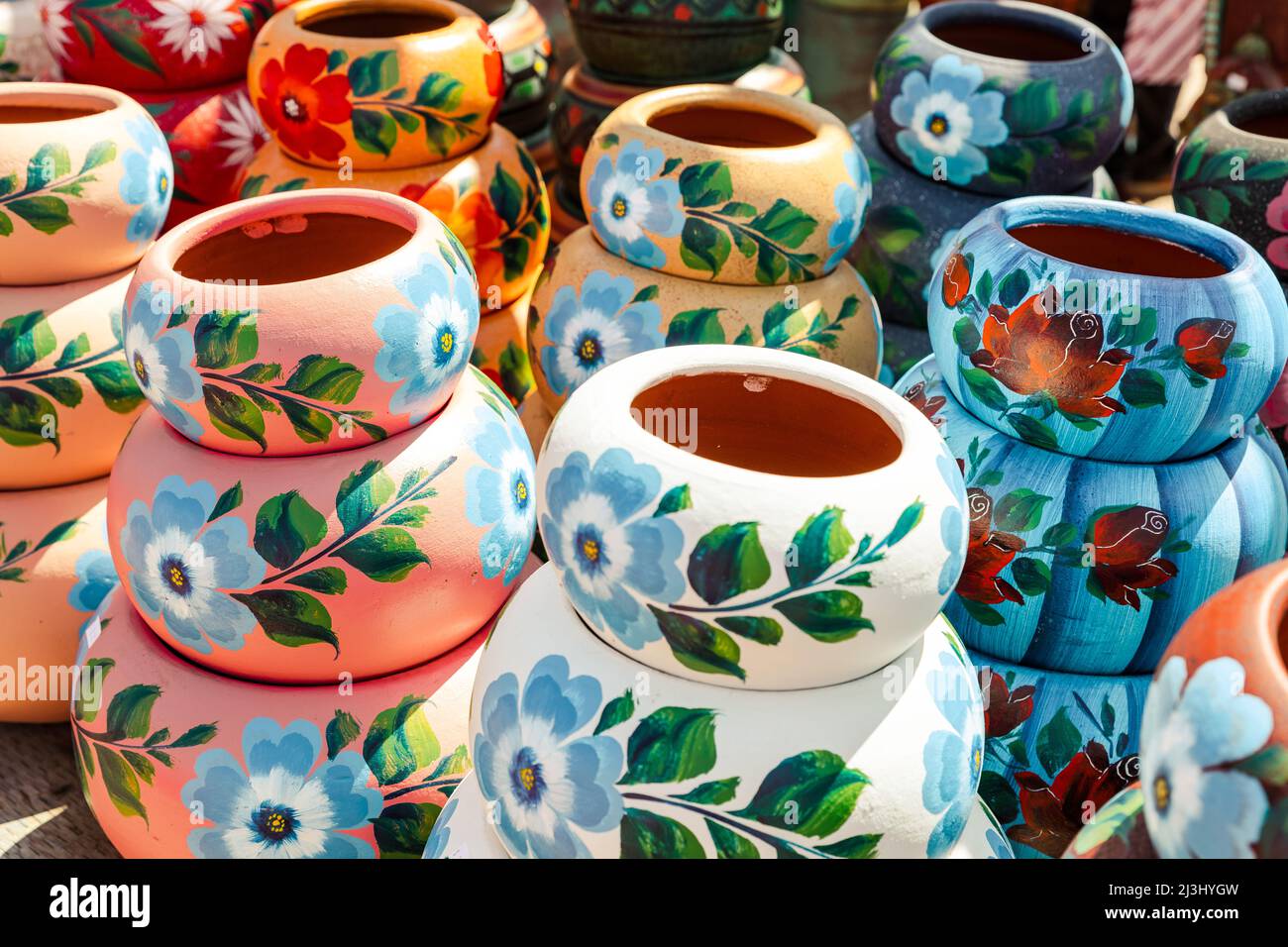Variety of Colorfully Mexican Painted Ceramic Pots in an Outdoor ...