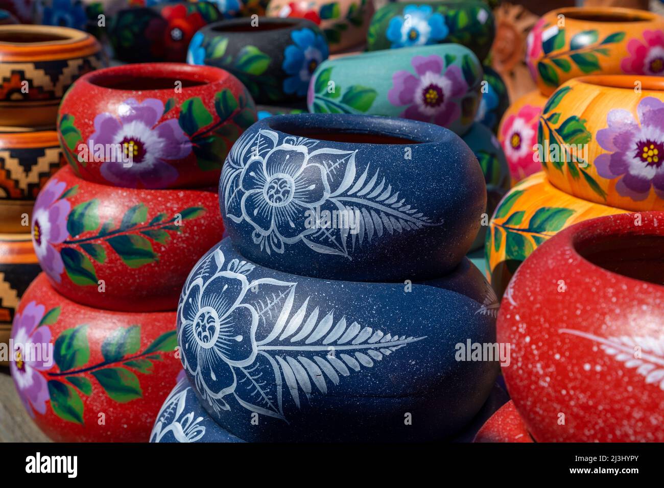 Variety of Colorfully Mexican Painted Ceramic Pots in an Outdoor ...