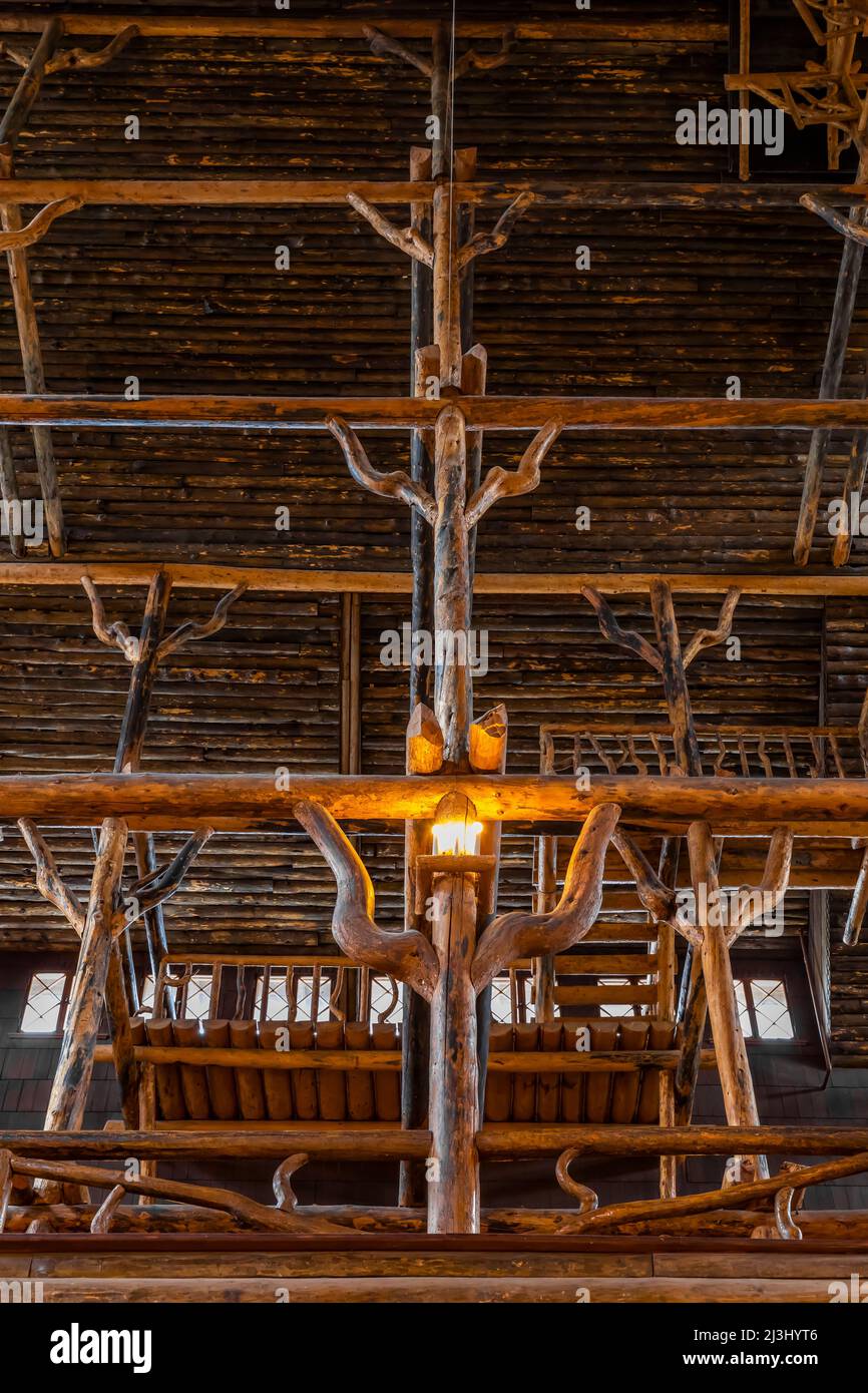 The soaring, magnificent, rustic lobby of Old Faithful Inn in ...