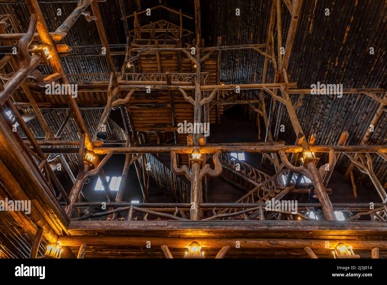The soaring, magnificent, rustic lobby of Old Faithful Inn in ...