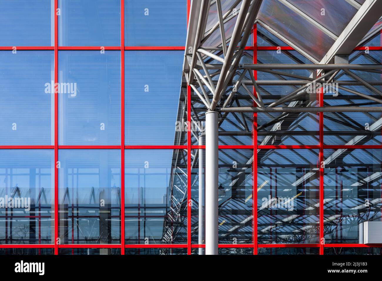 Red windows, corrugated metal building, window, reflection Stock Photo ...