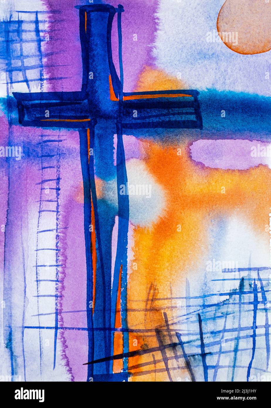 Watercolor by Heidrun Füssenhäuser, blue cross, fence, border, light ...