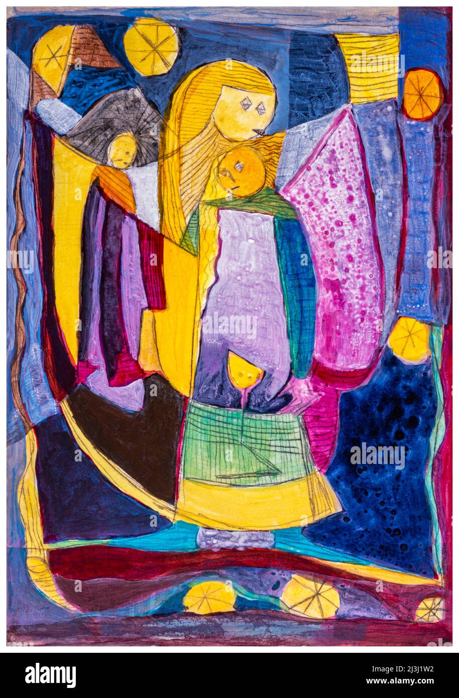 Painting by Pia Bühler, etching, acrylic Angels of peace in blue ...