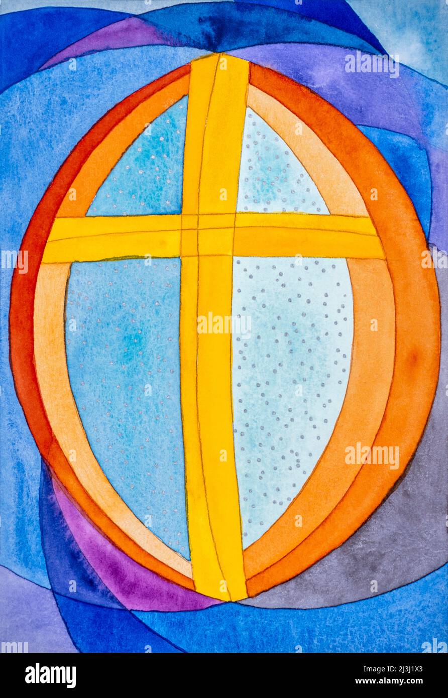 Watercolor by Heidrun Füssenhäuser Yellow radiant cross on a light blue ...