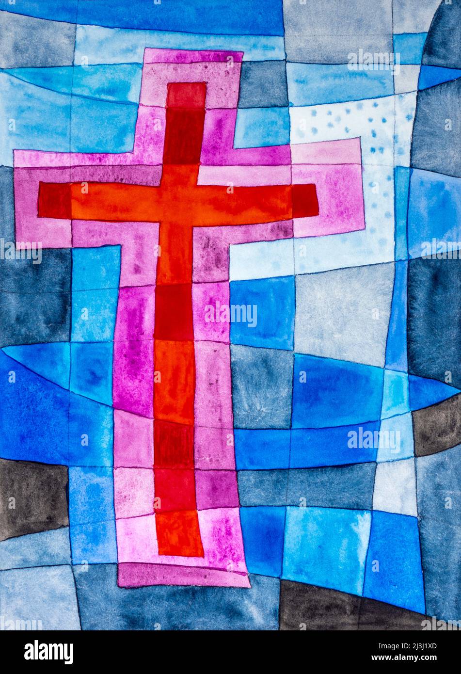 Watercolor by Heidrun Füssenhäuser Red cross with purple background, on ...