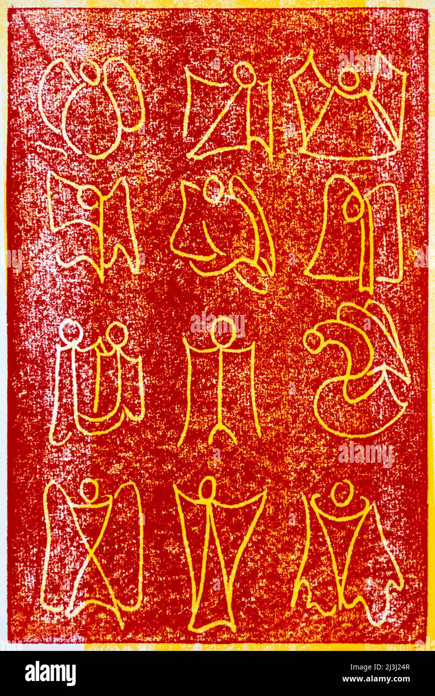 Graphic print by Gisela Oberst Twelve angels, abstract, red, yellow ...