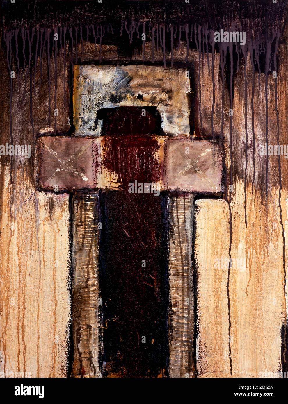 Painting by Peter Schütte, cross, dark brown to light ground, streaky ...