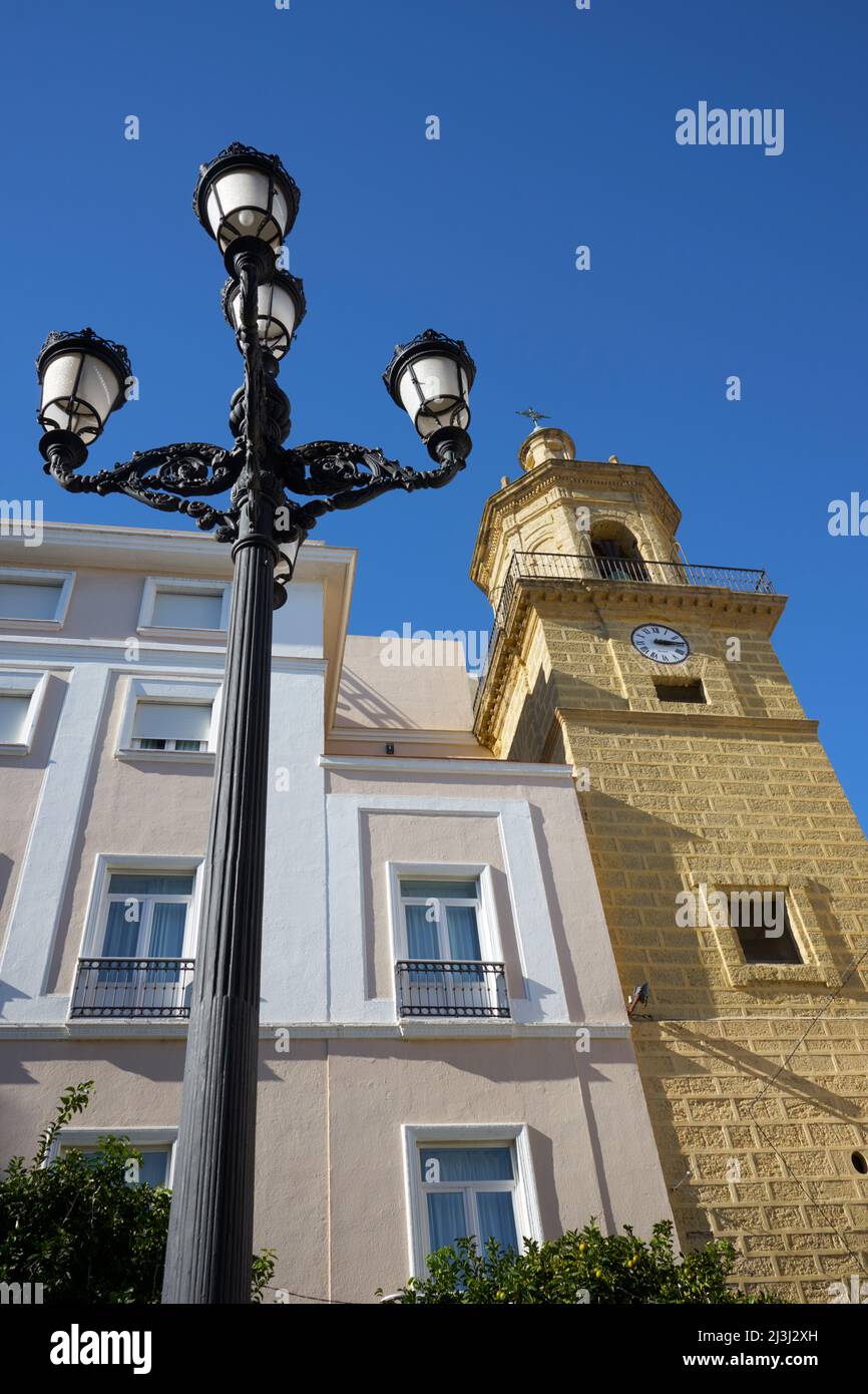 Cadiz, Andalucia, church tower with street lamp Stock Photo - Alamy