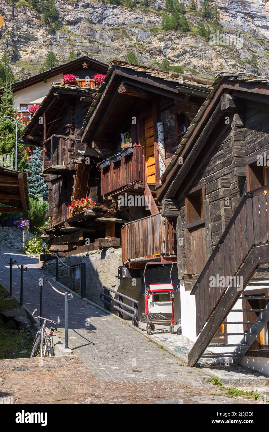 Traditional wooden houses and barns in Zermatt, Switzerland Stock Photo ...