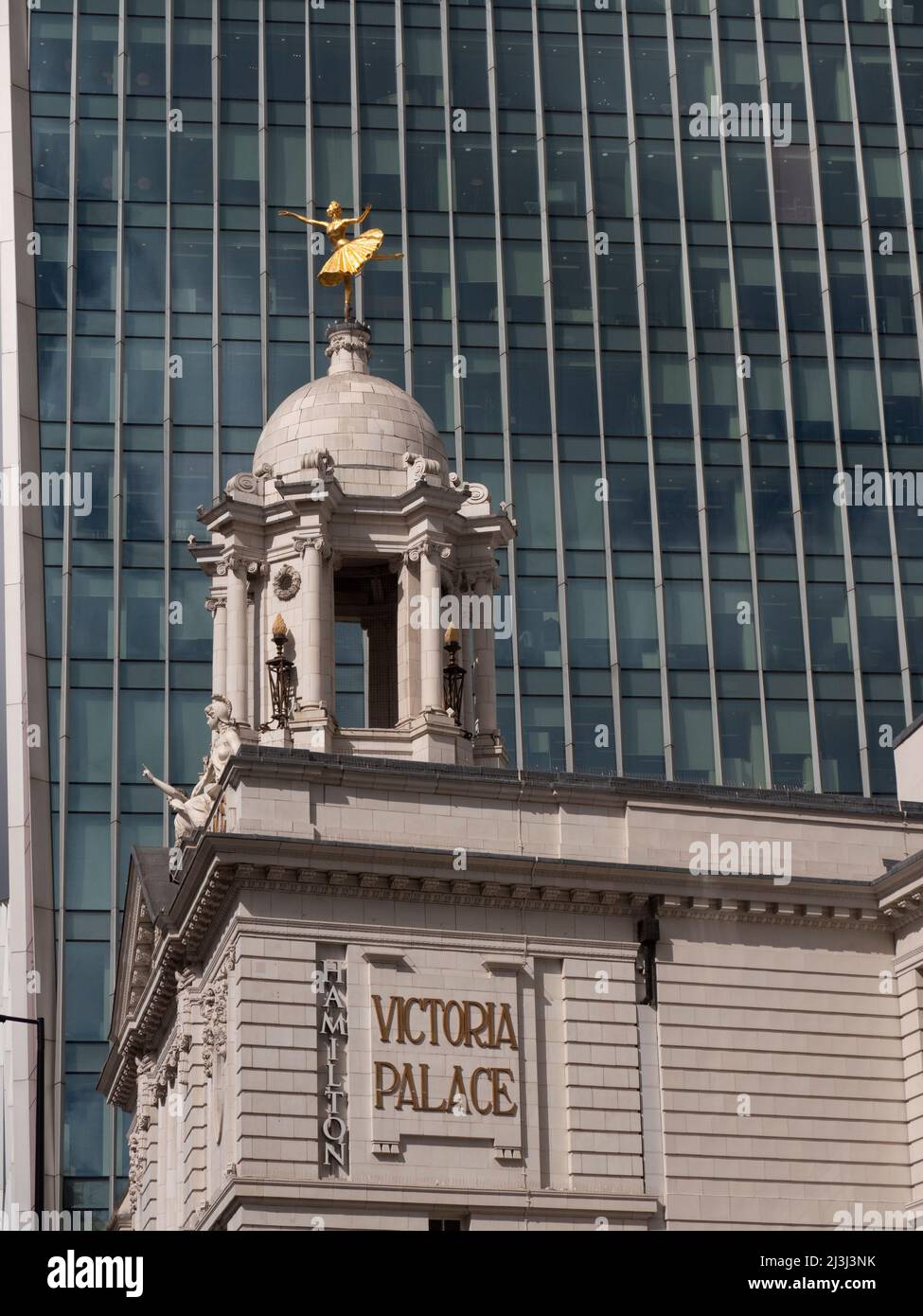 Russian ballerina Anna Pavlova staute on top of Victoria Palace Theatre with 150 Victoria street ...