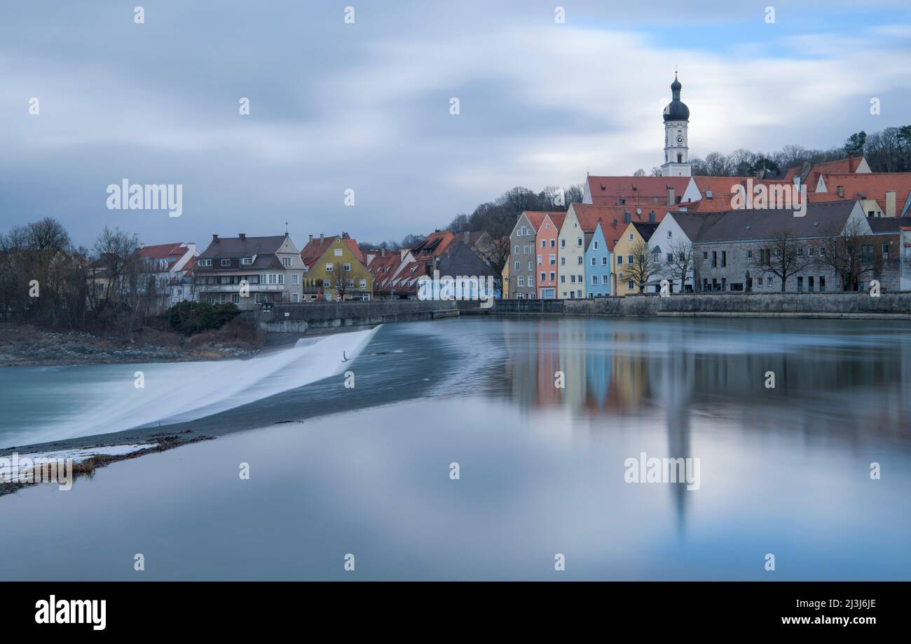 View of the Lechwehr and the historic old town of Landsberg am Lech ...