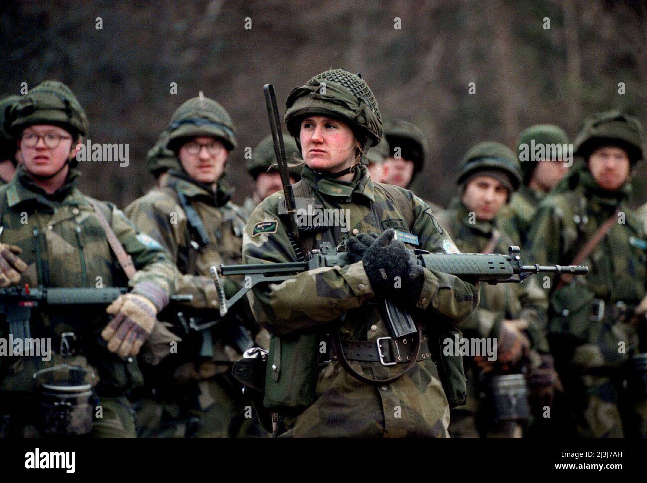 A female conscript Swedish soldier in the Swedish army during a ...