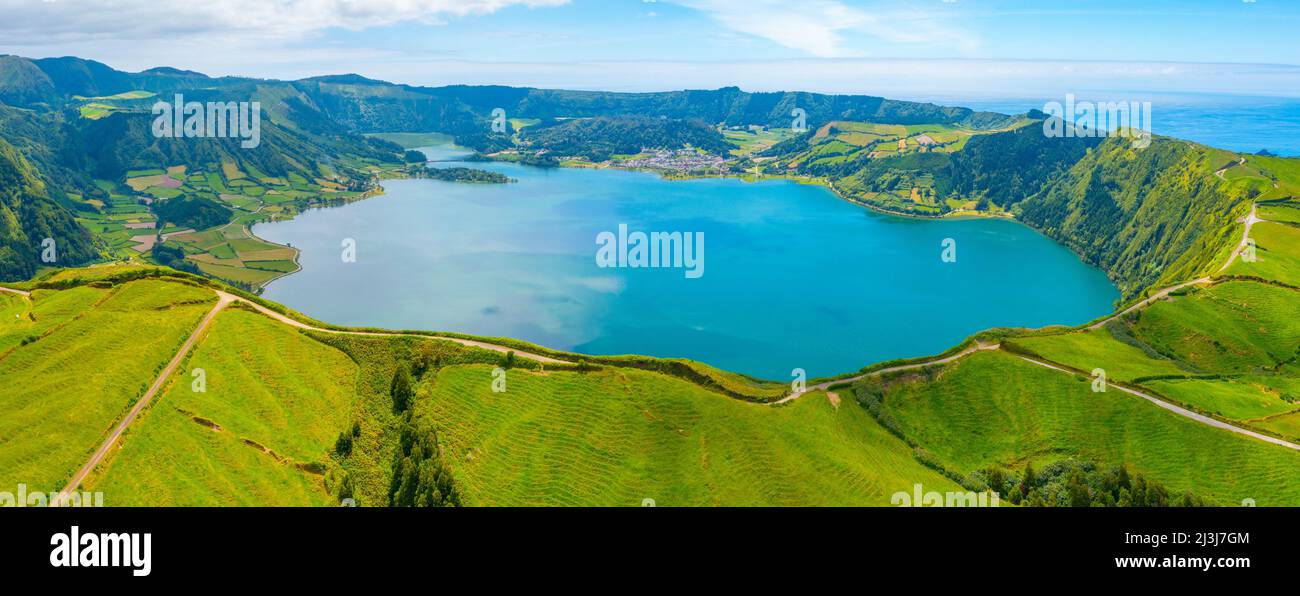 Aerial view of caldera of Sete Cidades at Sao Miguel island of the ...