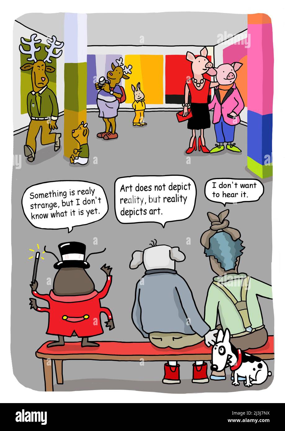 Illustration, animals in an art museum, speech bubbles, comments ...