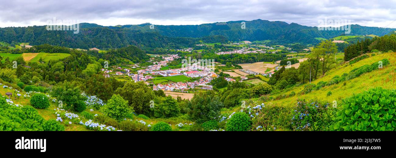 Aerial view of Furnas town at Sao Miguel island, Azores, Portugal Stock ...