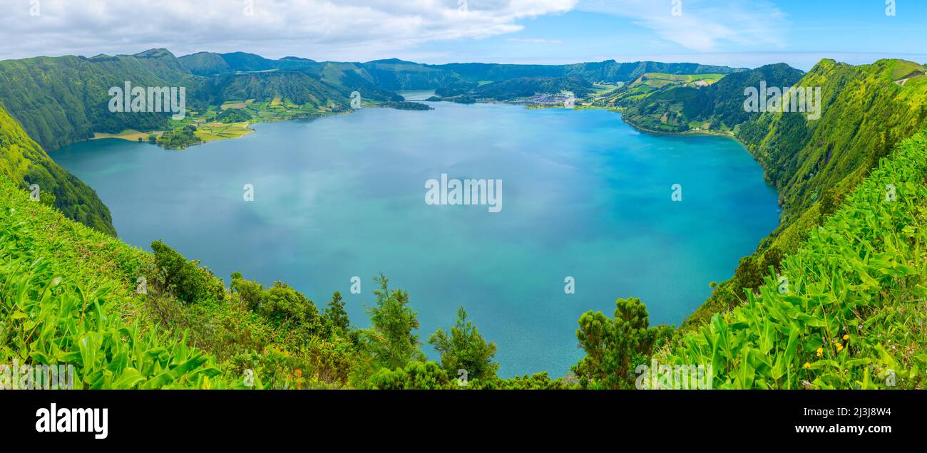 Aerial view of caldera of Sete Cidades at Sao Miguel island of the ...