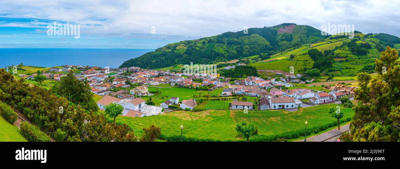 Aerial view of Aqua Retorta town at Sao Miguel island, Azores Portugal ...