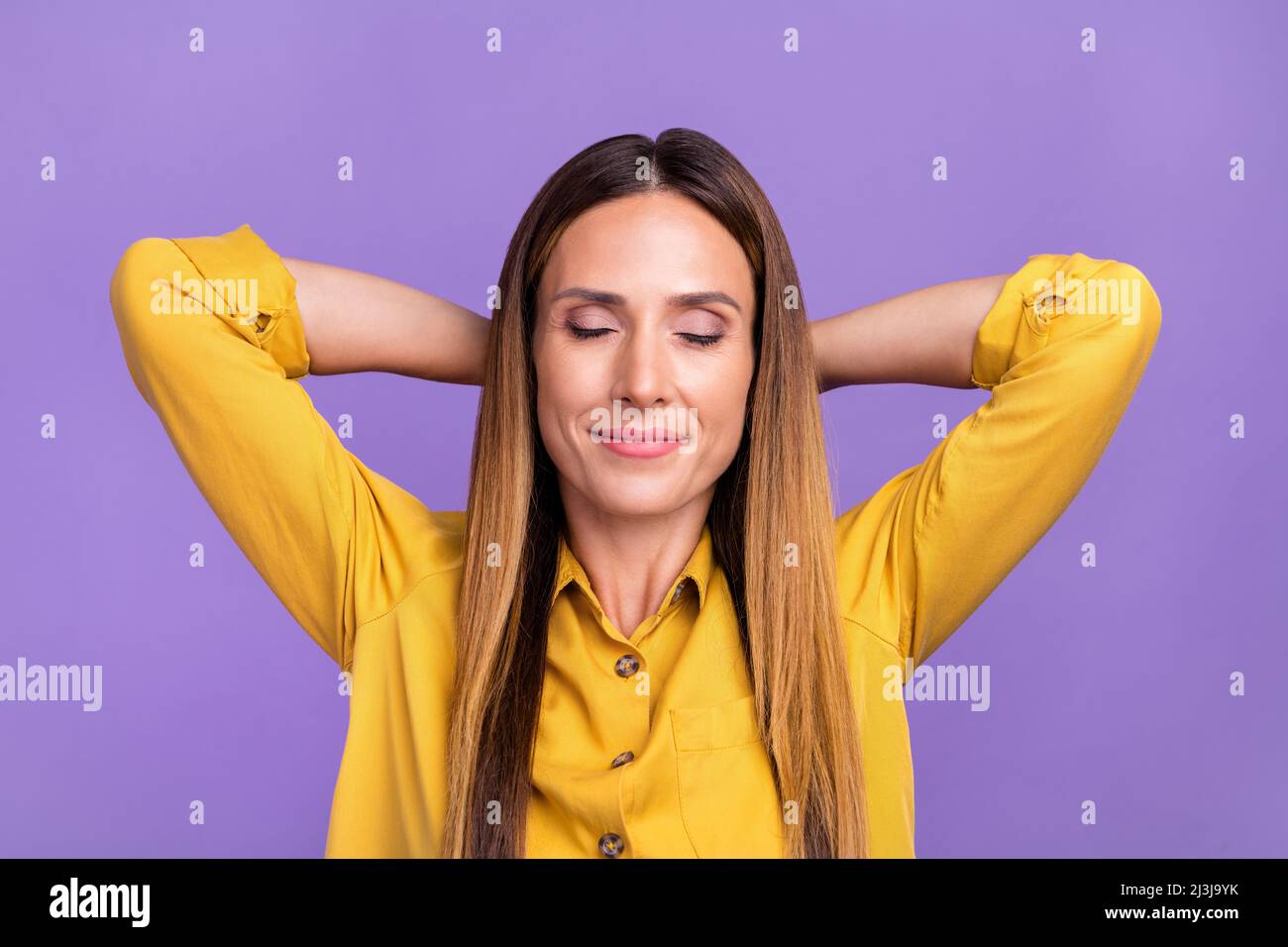 Top view photo of charming good mood girl sleeping have a nap relax ...