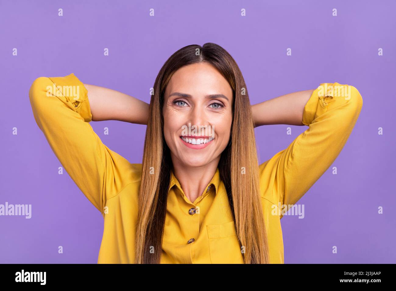 Top view photo of good mood pretty female relaxing during her weekend ...