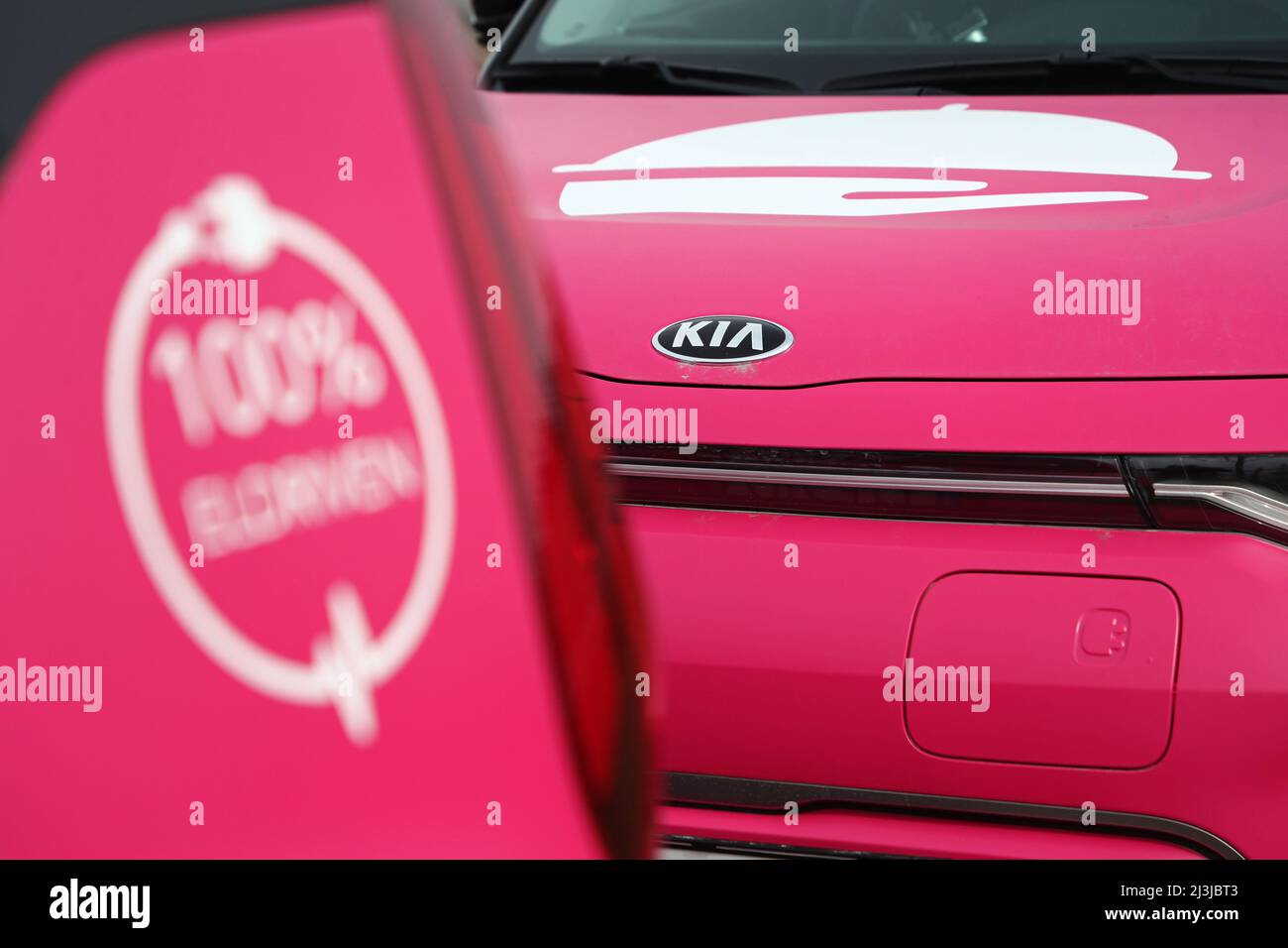 New electric cars, of the brand Kia Soul EV, at a car dealership, for ...