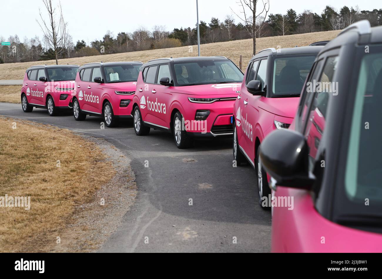New electric cars, of the brand Kia Soul EV, at a car dealership, for ...