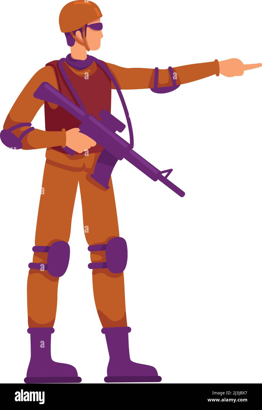 Fully equipped soldier pointing with finger semi flat color vector ...