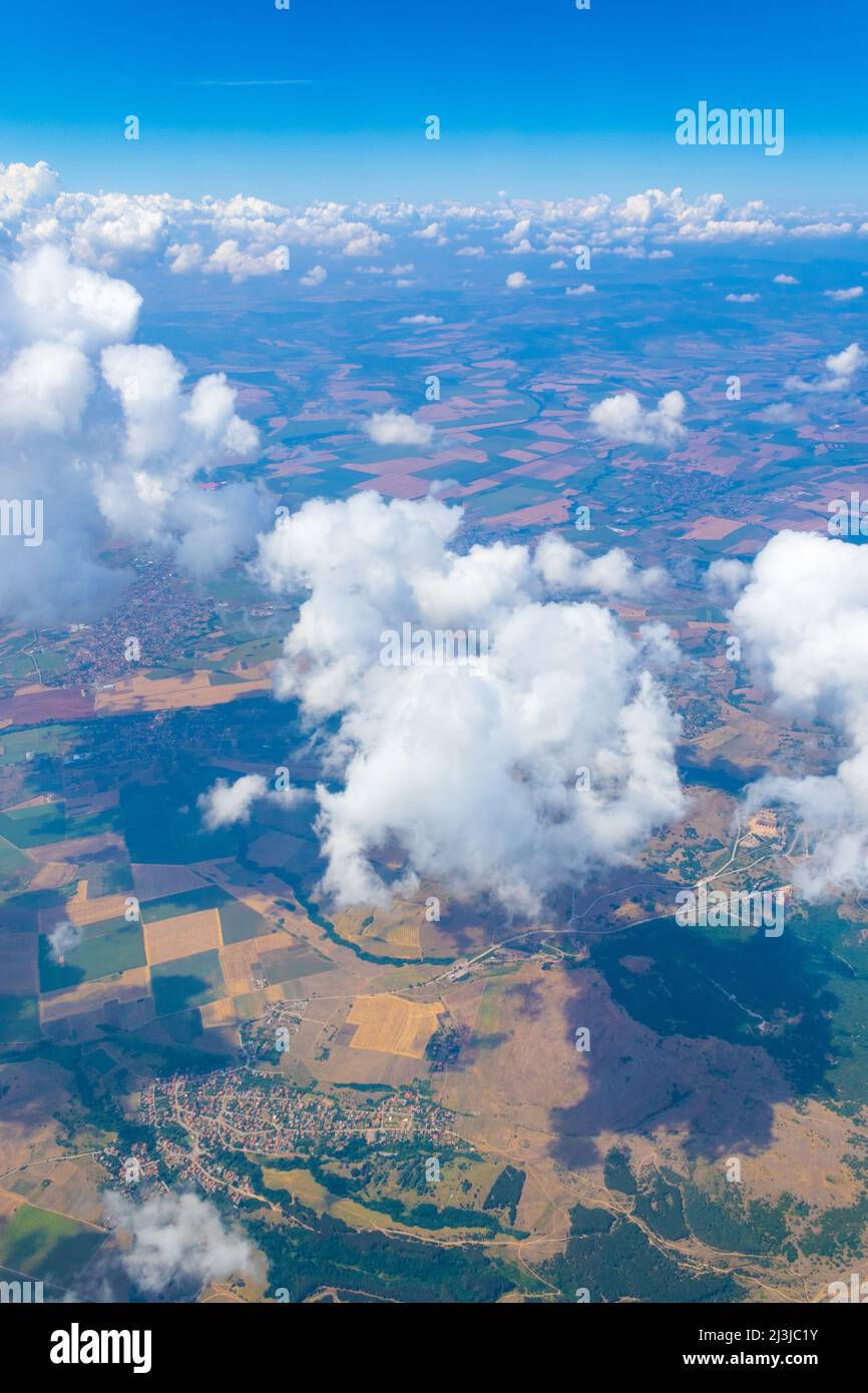 Aerial view of the valley of Sofia Bulgaria seen from airplane,May 2021 ...